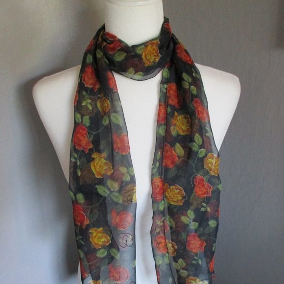 Vintage | Accessories | Burgundy Yellow Rose Sheer Scarf | Poshmark
